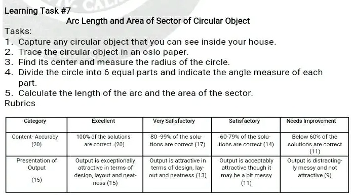 learning task 7 g arc length and area of sector of circular object ...