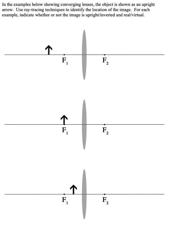 SOLVED: In the examples below showing converging lenses, the object is shown as an upright arrow ...