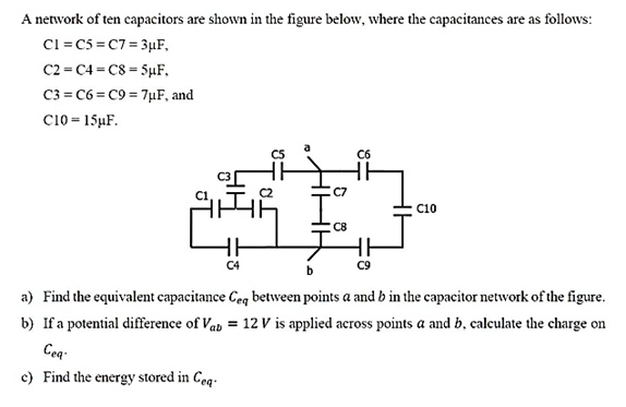 SOLVED: A network of ten capacitors is shown in the figure below, where ...