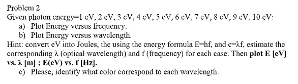SOLVED: Problem 2: Given photon energy = 1 eV, 2 eV, 3 eV, 4 eV, 5 eV ...