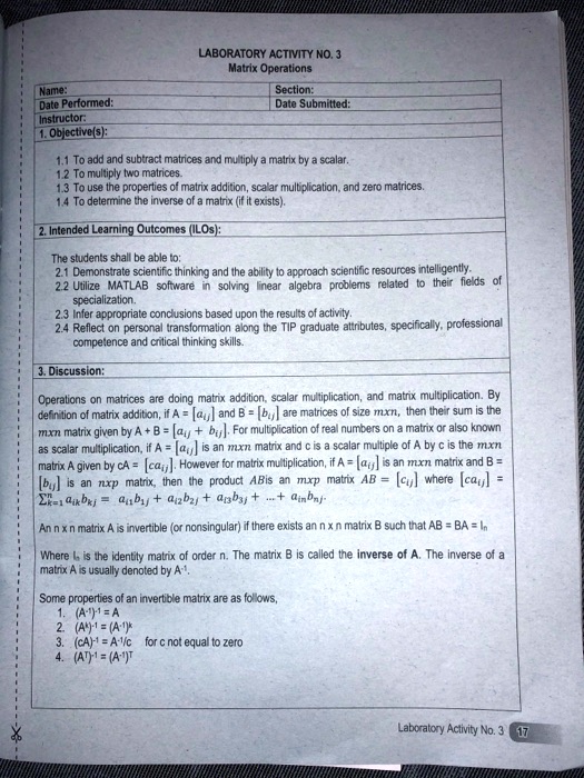 laboratory activity no matrix operalions section dalo submitted kamie date portonned instructor ...