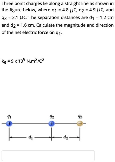 Three point charges lie along a straight line as shown in the figure below, where q1 = 4.8 ?C ...