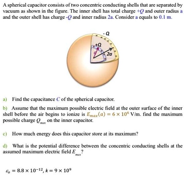 SOLVED: A spherical capacitor consists of two concentric conducting shells that are separated by ...