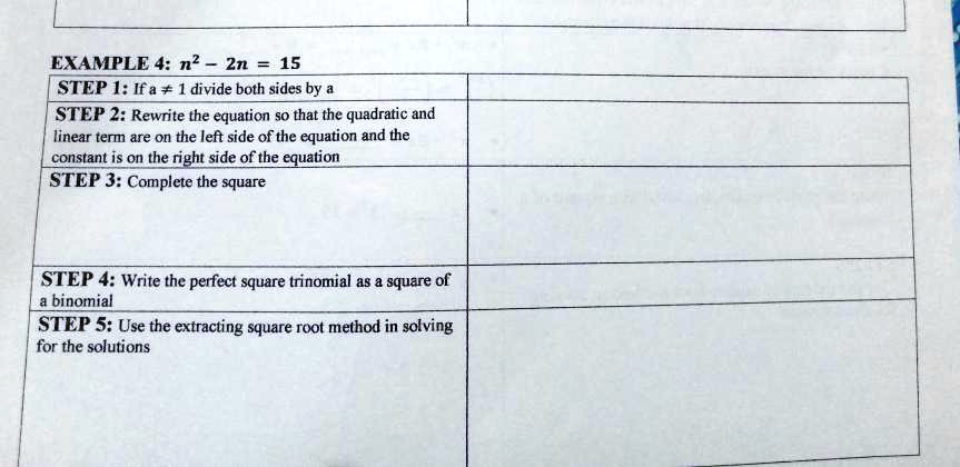 SOLVED: EXAMPLE 4n^2 - 2n = 15 STEP 1: Divide both sides by a STEP 2 ... SOLVED: EXAMPLE 4n^2 - 2n = 15 STEP 1: Divide both sides by a STEP 2 ...