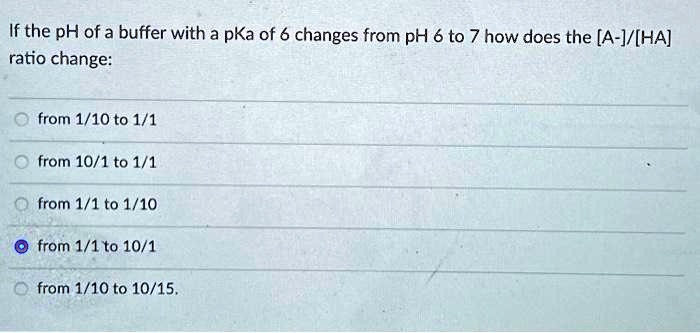 SOLVED: If the pH of a buffer with a pKa of 6 changes from pH6 to 7 how ...