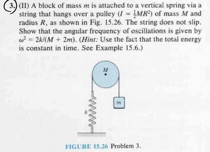 3. (II) A block of mass m is attached to a vertical spring via a string that hangs over a pulley ...