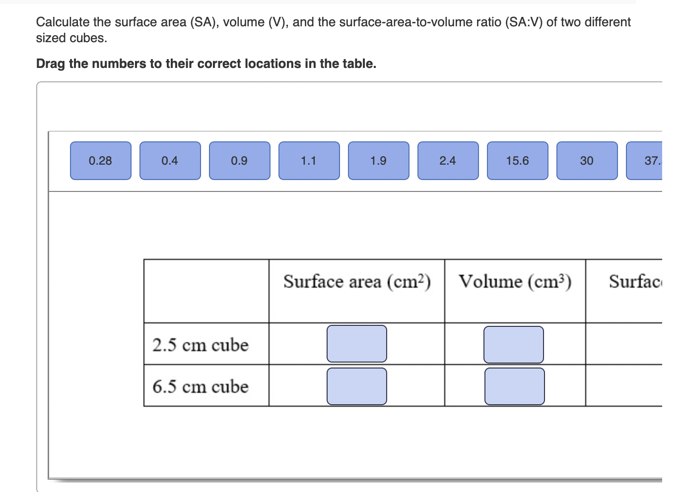 Calculate the surface area (SA), volume (V), and the surface-area-to ...