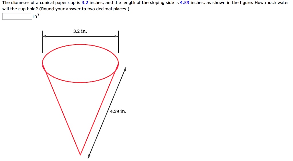 SOLVED: The diameter of conical paper cup is 3.2 inches and the length ...