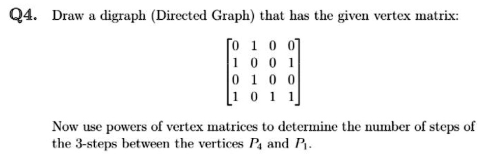 SOLVED: Q4. Draw a digraph (Directed Graph) that has the given vertex matrix: 0 0 0 1 Now use ...
