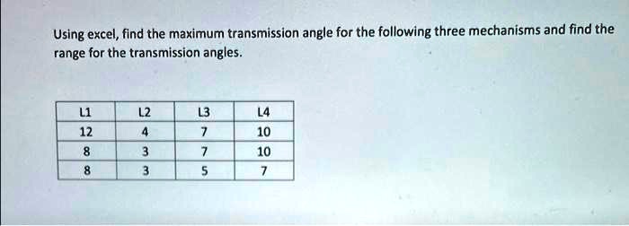 SOLVED: Transmission Angles Using Excel, find the maximum transmission angle for the following ...
