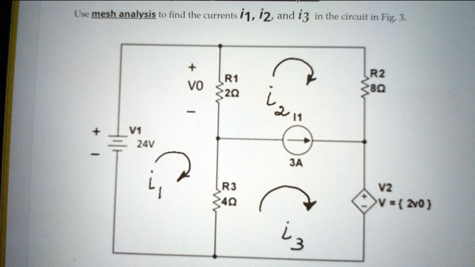 use mesh analysis l0 find the currents i1 i2 and i3 in the circuit in fig 3 r1 vo z0 r2 8o i1 vi ...