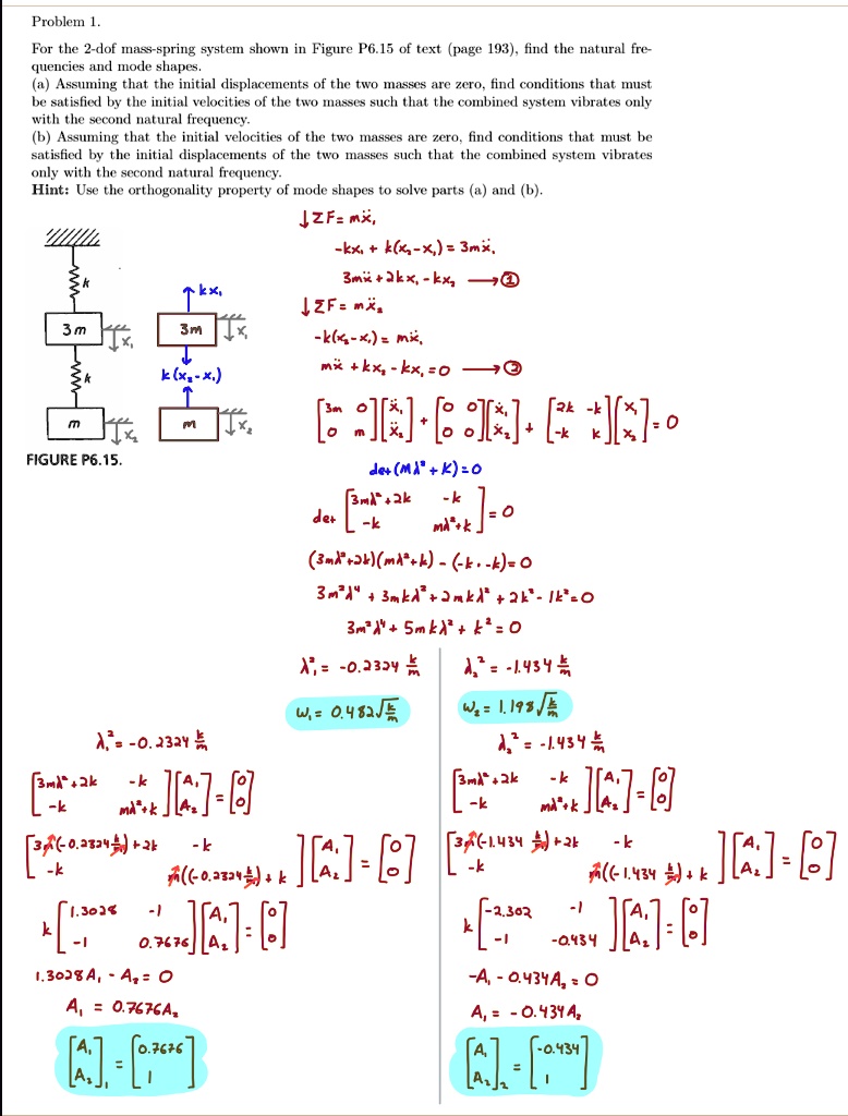 problem 1 for the 2 dof mass spring system shown in figure p615 of text ...