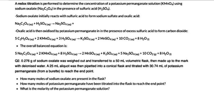redox titration pertormed to determine the concentratianot potassium permanganate solution kmno ...