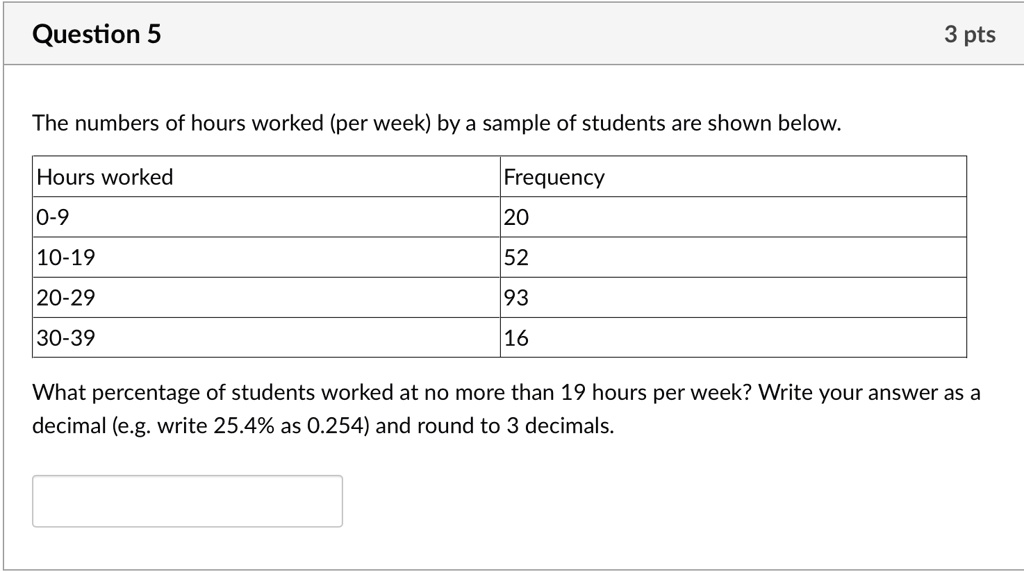 SOLVED: Question 5 3 pts The numbers of hours worked (per week) by a sample of students are ...