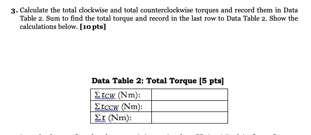 3 calculate the total clockwise and total counterclockwise torques and record them in data table ...