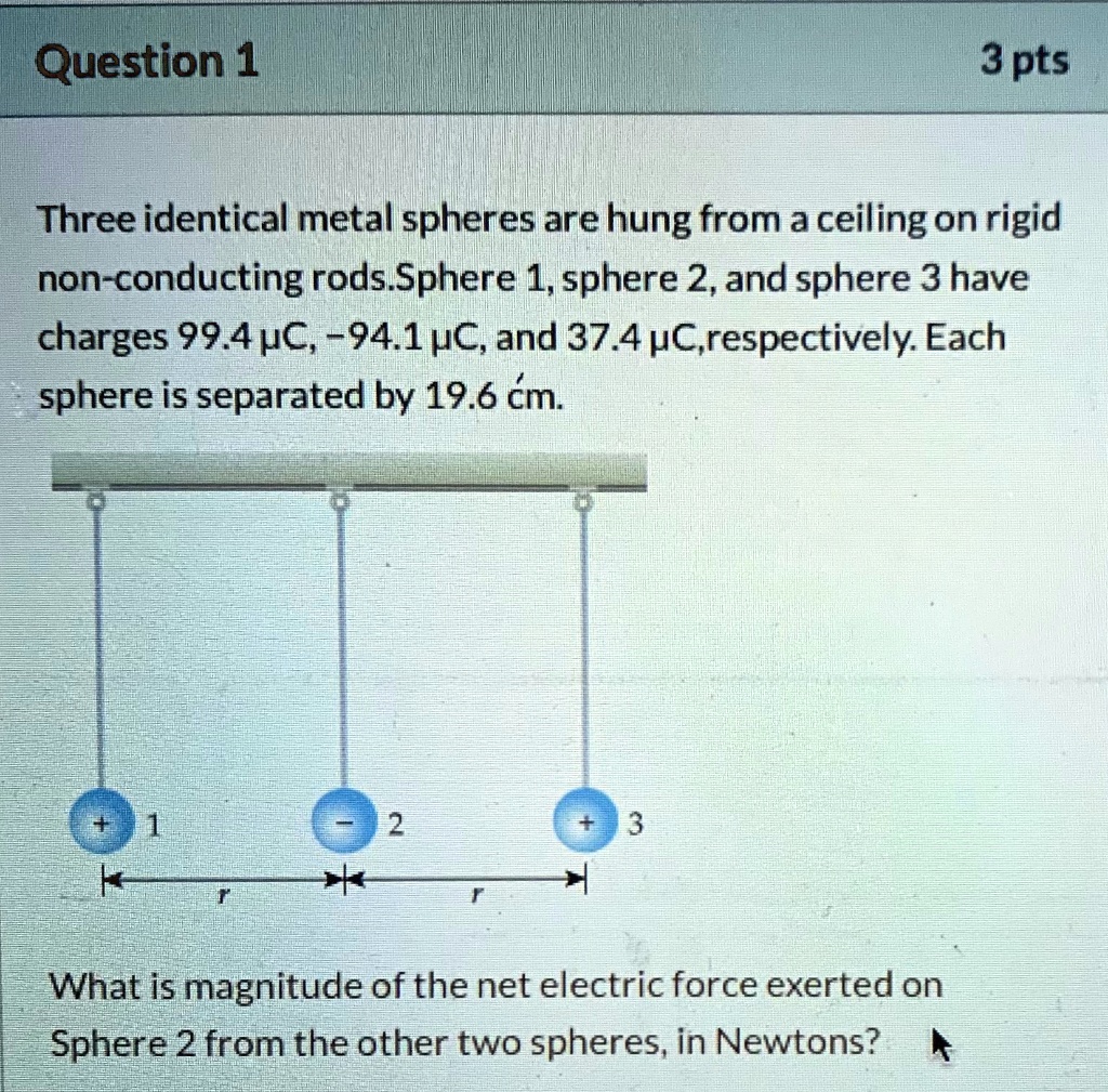 SOLVED: Question 1 3 pts Three identical metal spheres are hung from a ...