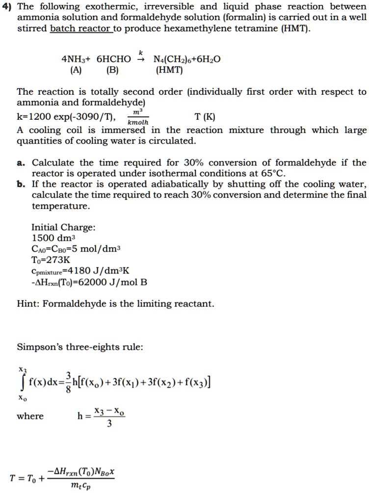 SOLVED: The following exothermic, irreversible, and liquid-phase reaction between ammonia ...