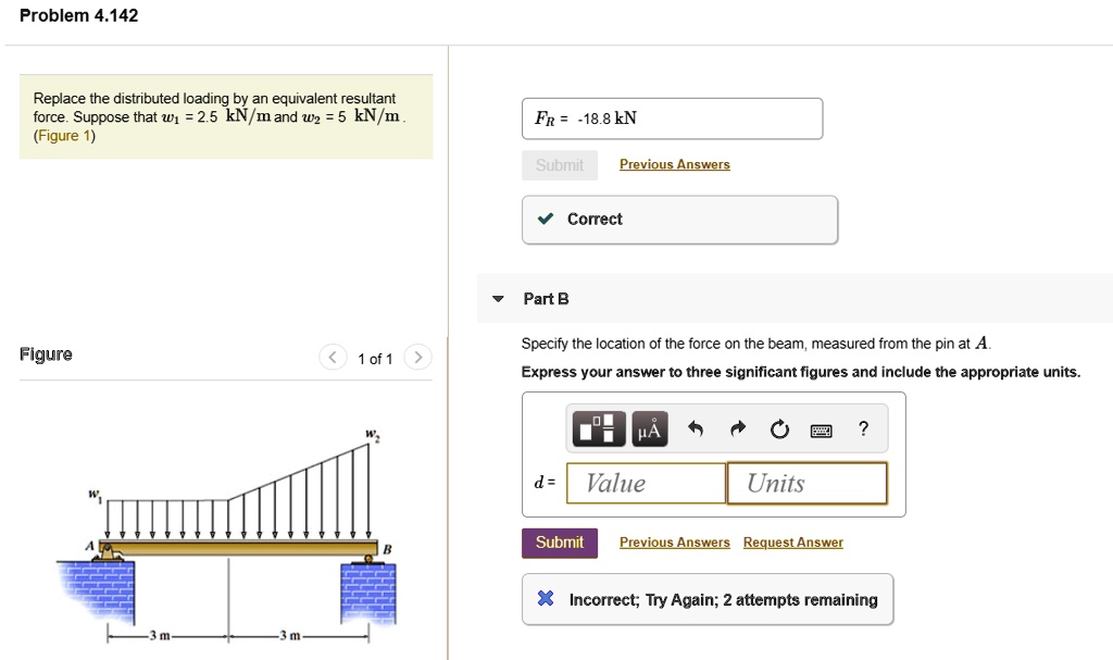 Problem 4.142 Replace the distributed loading by an equivalent resultant force. Suppose that W1 ...