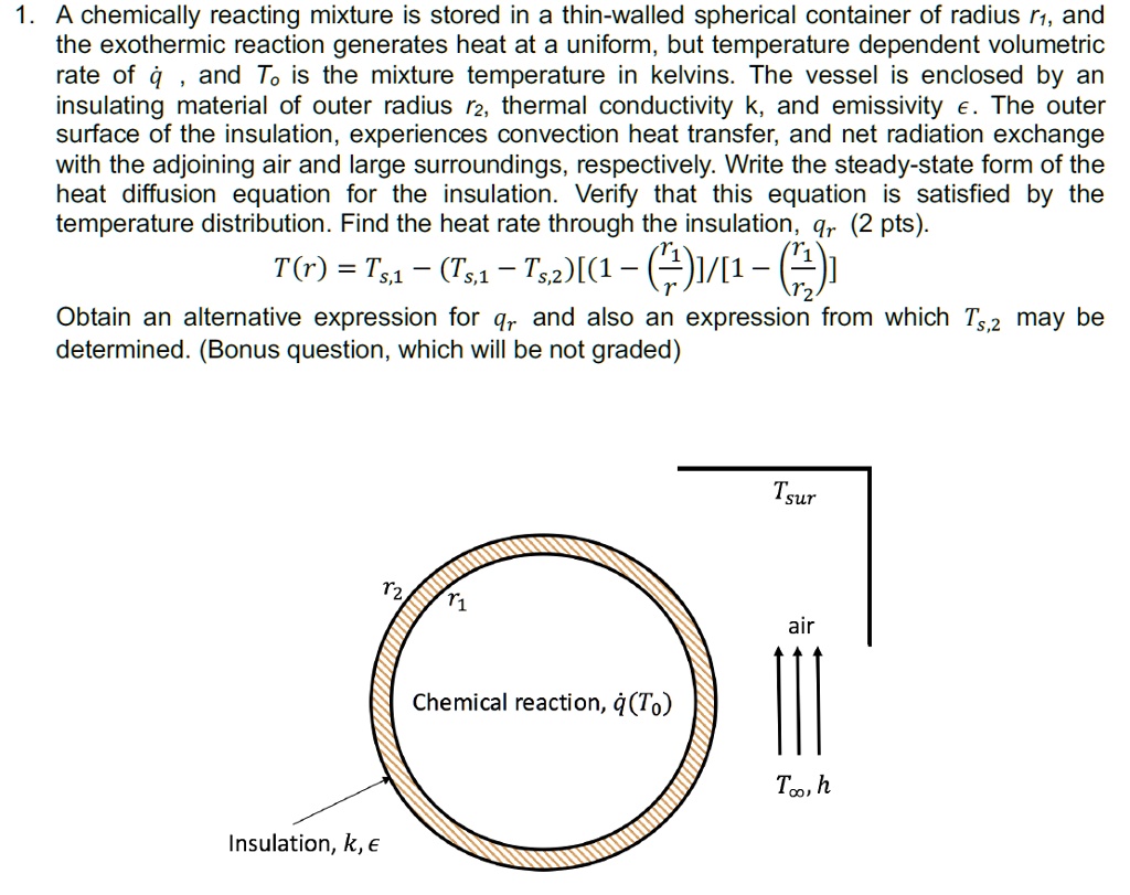 1. A chemically reacting mixture is stored in a thin-walled spherical container of radius r1 ...