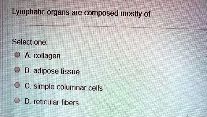 SOLVED: Lymphatic organs are composed mostly of Select one: A collagen ...