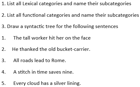 1. List all Lexical categories and name their subcategories 2. List all ...