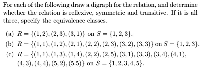 SOLVED: For each of the following draw a digraph for the relation, and ...