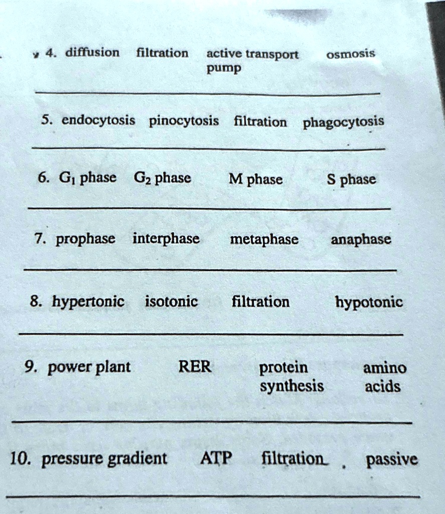 SOLVED: Diffusion, filtration, active transport, osmosis, pump ...