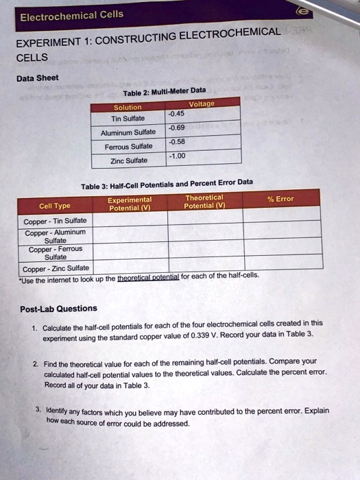 SOLVED: Electrochemical Cells EXPERIMENT 1: CONSTRUCTING ...