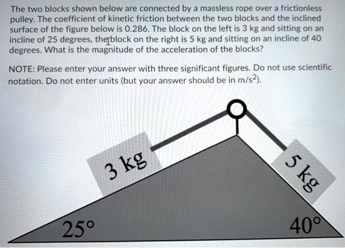 SOLVED: The two blocks shown below are connected by a massless rope over a frictionless pulley ...