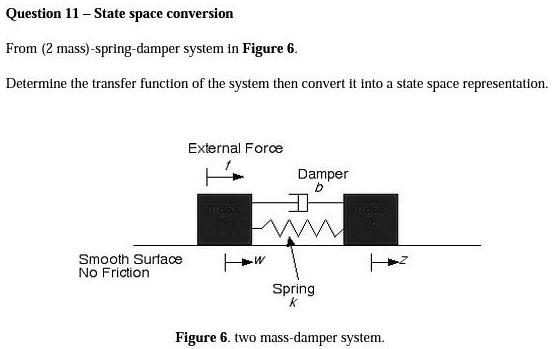 SOLVED: Question 11-State space conversion From (2 mass)-spring-damper system in Figure 6 ...