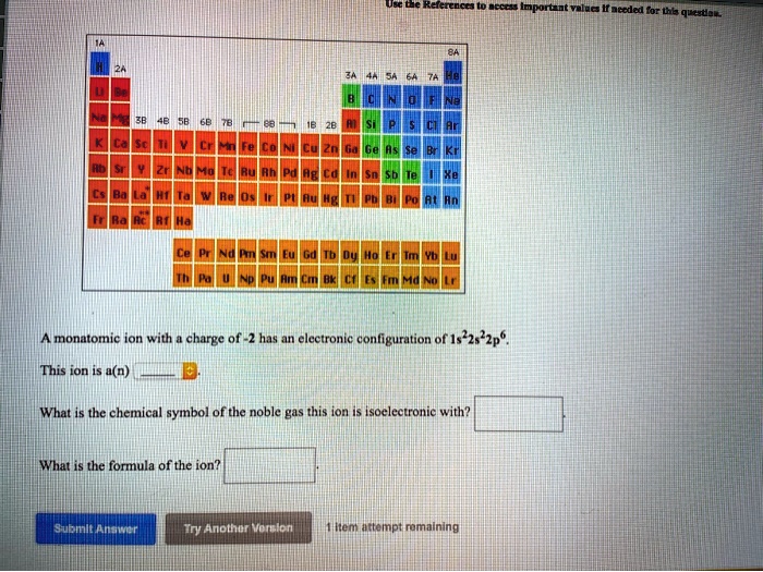 SOLVED: Monatomic ion with a charge of -2 has an electronic ...