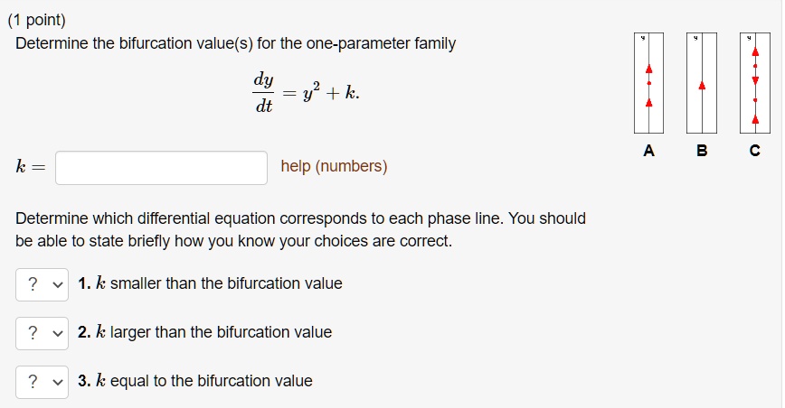 1 point determine the bifurcation values for the one parameter family dy y2k dt a b c k help ...