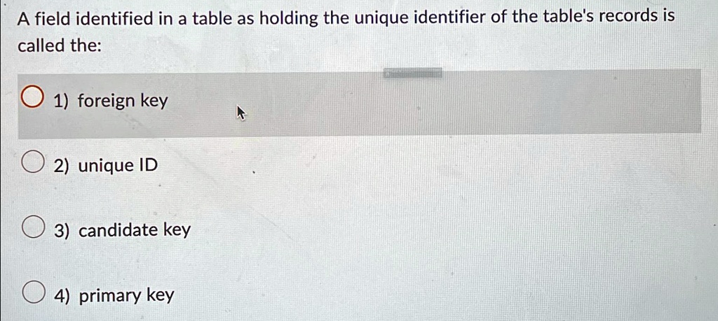 A field identified in a table as holding the unique identifier of the ...