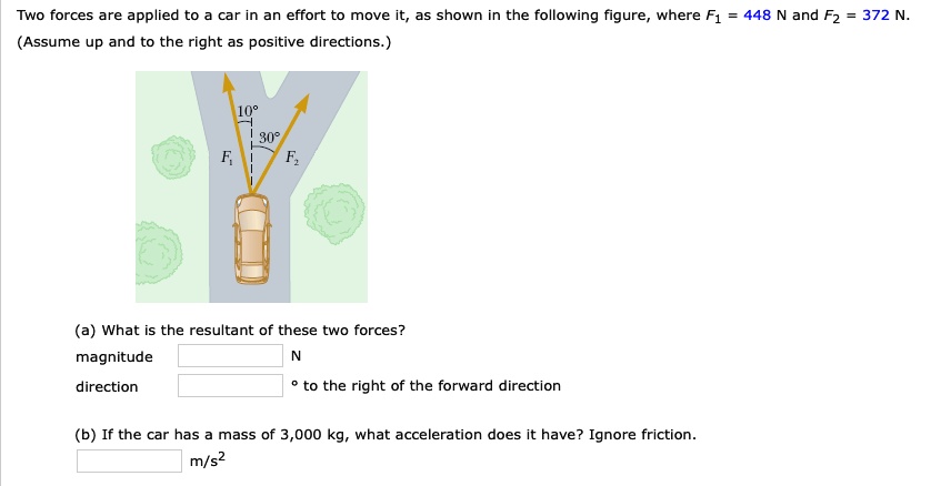 SOLVED: Two forces are applied to car in an effort to move it, as shown ...