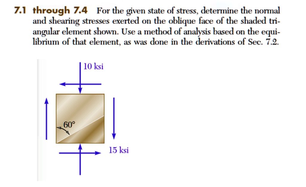 7.1 through 7.4 For the given state of stress, determine the normal and ...