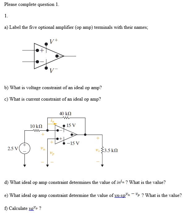SOLVED: a) Label the five optional amplifier (op amp) terminals with their names: b) What is the ...