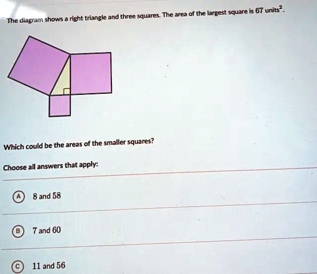 SOLVED: three squares The area of the largest square is 67 units? . The ...