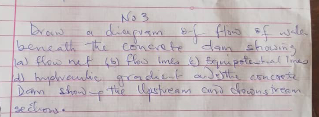 SOLVED: No 3 Draw a diagram of flow of wale beneath the concrete dam ...