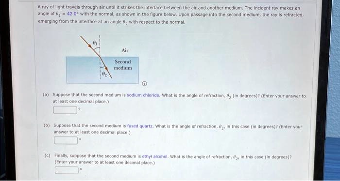 SOLVED: A ray of light travels through air until it strikes the ...