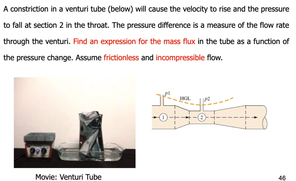 A constriction in a venturi tube (below) will cause the velocity to ...