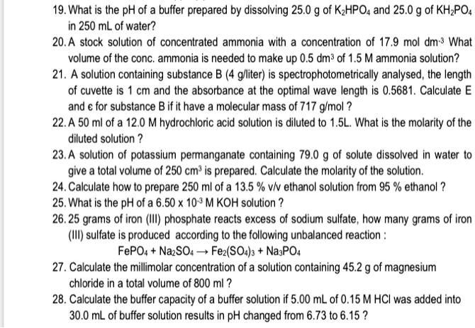 SOLVED: 19. What is the pH of a buffer prepared by dissolving 25.0 g of ...