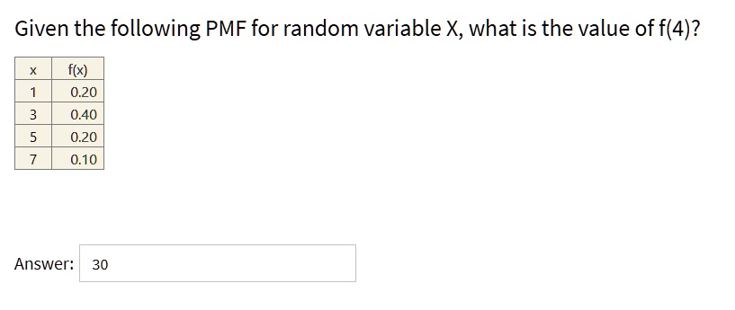 SOLVED: Given the following PMF for random variable X, what is the ...