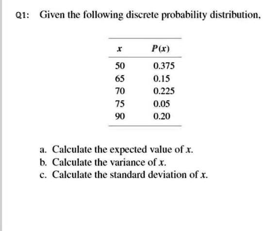 SOLVED: Q1: Given the following discrete probability distribution Por) 50 65 70 75 90 0.375 0.15 ...