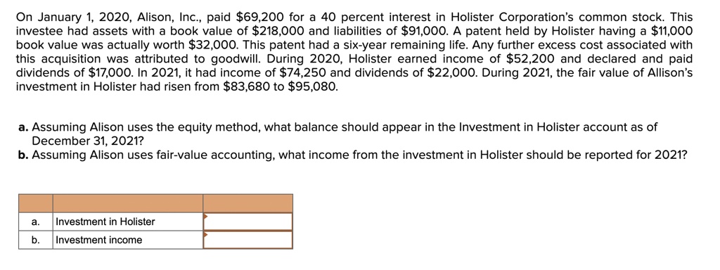 on january 12020 alisoninc paid 69200 for a 40 percent interest in ...
