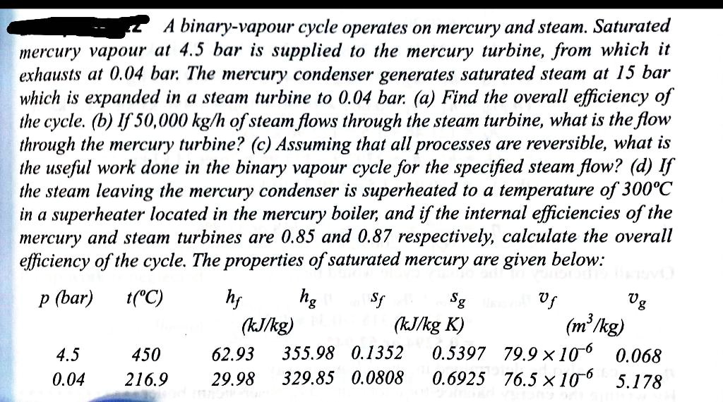 SOLVED Binary vapour Cycle Operates On Mercury And Steam Saturated