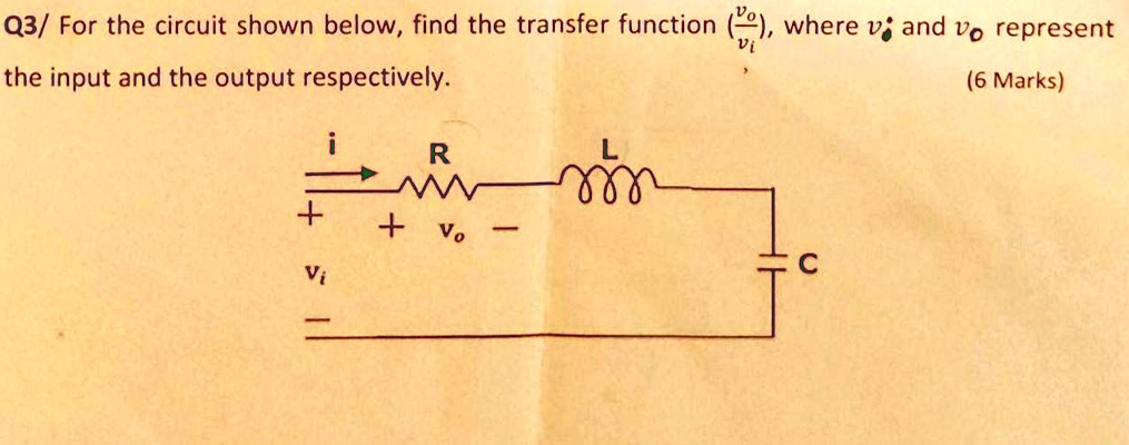 SOLVED: Q3/For the circuit shown below, find the transfer function (), where vi and vo represent ...