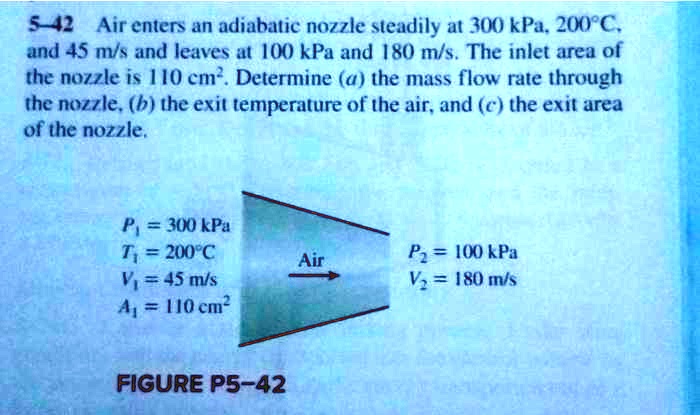 SOLVED: 5-42 Air enters an adiabatic nozzle steadily at 300 kPa, 200°C, and 45 m/s and leaves at ...