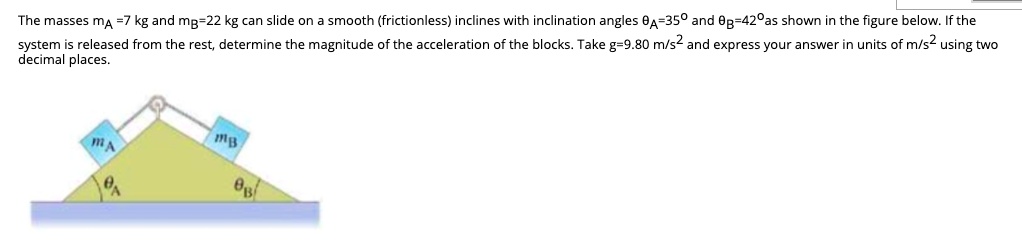 SOLVED: The masses mA = 7 kg and mg = 22 kg can slide on smooth ...