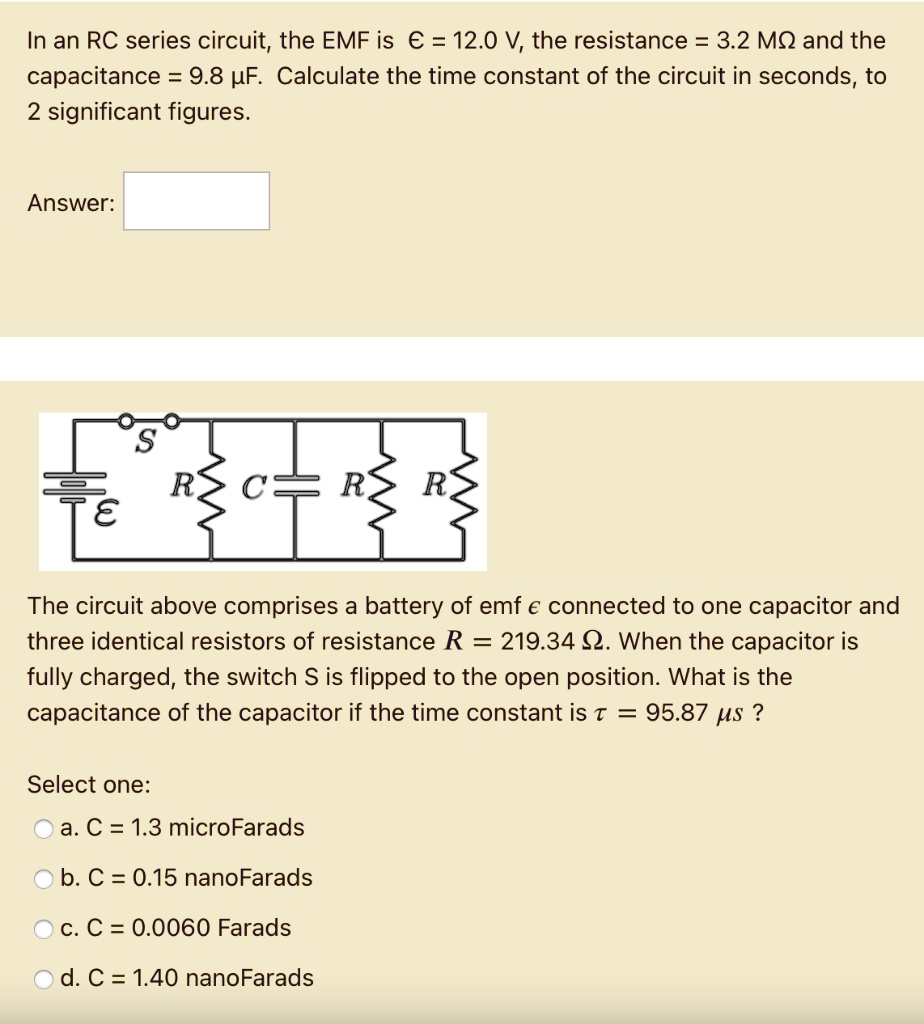 SOLVED: In an RC series circuit, the EMF is â‚¬ = 12.0 V, the resistance = 3.2 MÎ©, and the ...
