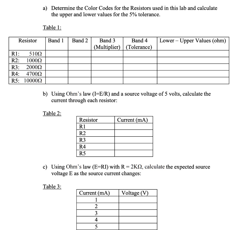 SOLVED: Determine the Color Codes for the Resistors used in this lab and calculate the upper and ...